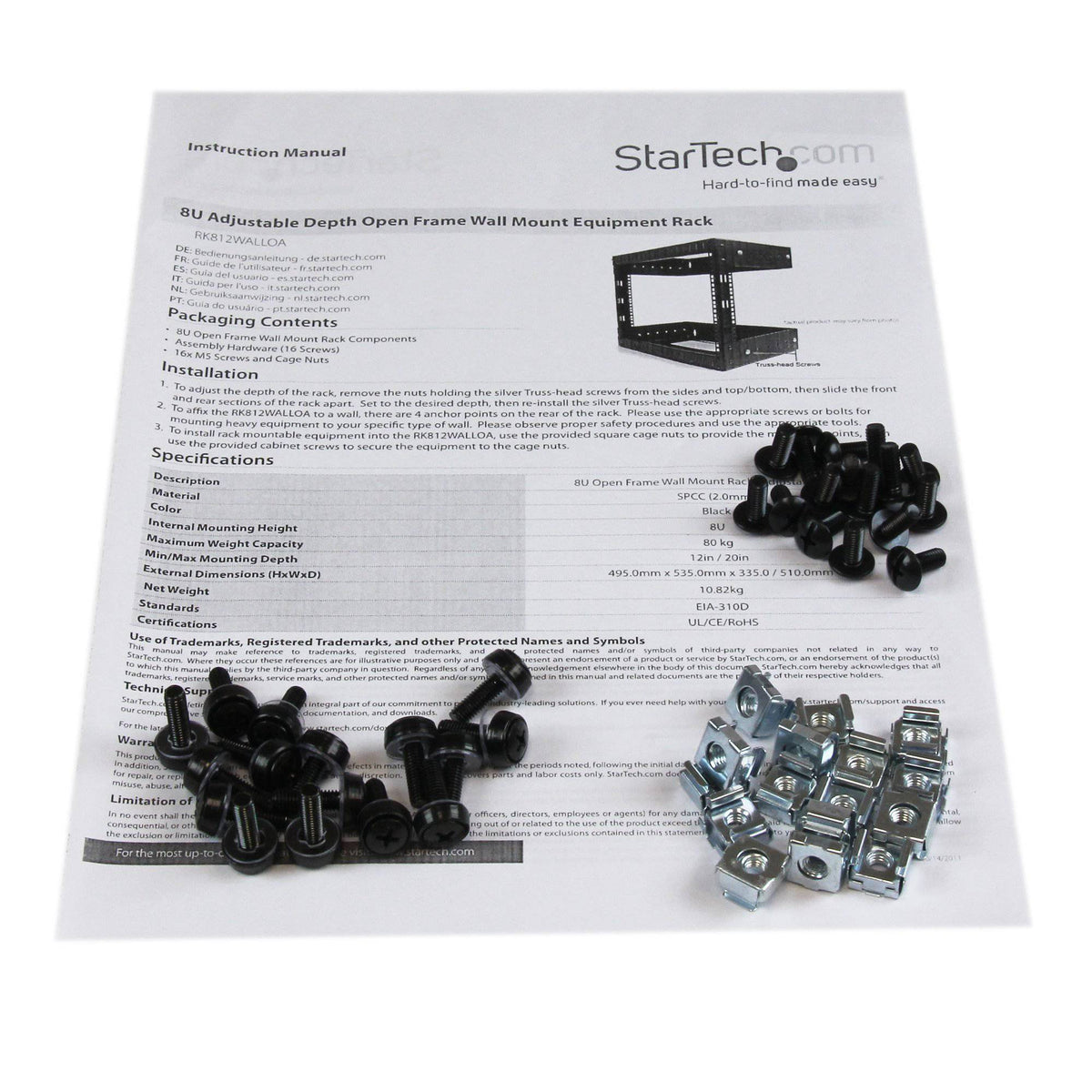 StarTech 8U 19" Wall Mount Network Rack - 12" Deep 2 Post Open Frame S